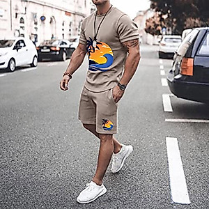 Going Out Outfits Teacher Outfits Men's 2 Piece Outfits Lightweight Classic-Fit Short Sleeve Graphic Tees Printed Shorts Breathable Sport Set Outfits Summer Outfits Black Rave