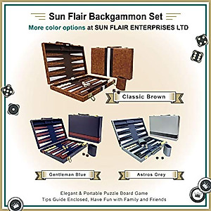 Sun Flair Backgammon Set - 15 Inch Backgammon Sets for Adults, Folding Classic Board Game with Premium Leather Case, Best Strategy and Tip Guide Enclosed (Brown, Medium)