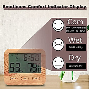 Digital Hygrometer Indoor Thermometer, Temperature Humidity Gauge with Desk Clocks for Bedroom Office,Backlit Accurate Monitor Clear Reading,Time Display Room Thermometer for Home Greenhouse Wooden