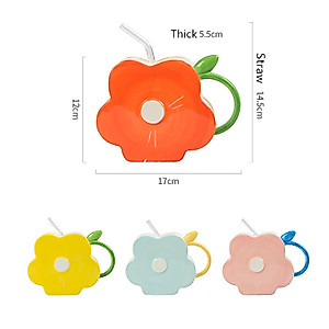 berjaya 13 oz Flower Shaped Ceramic Mug with Straw and Lid Large Capacity Coffee Home Decoration Gift (yellow)