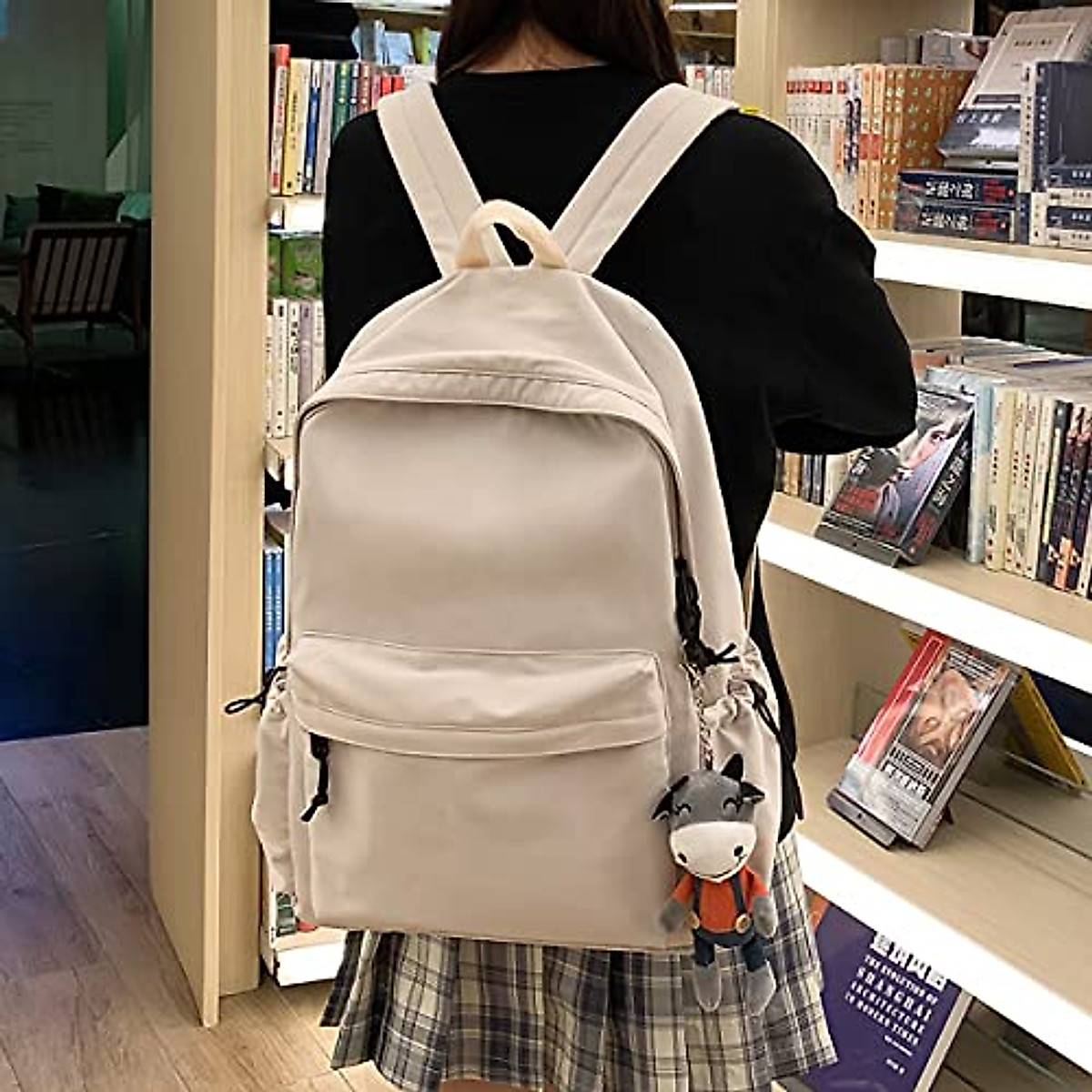 PAUBACK Beige School Backpack for Girls Water Resistant High School Book Bag Simple Backpack for Teens Boys Girls, Lightweight Simple Middle School Back Pack Daypack