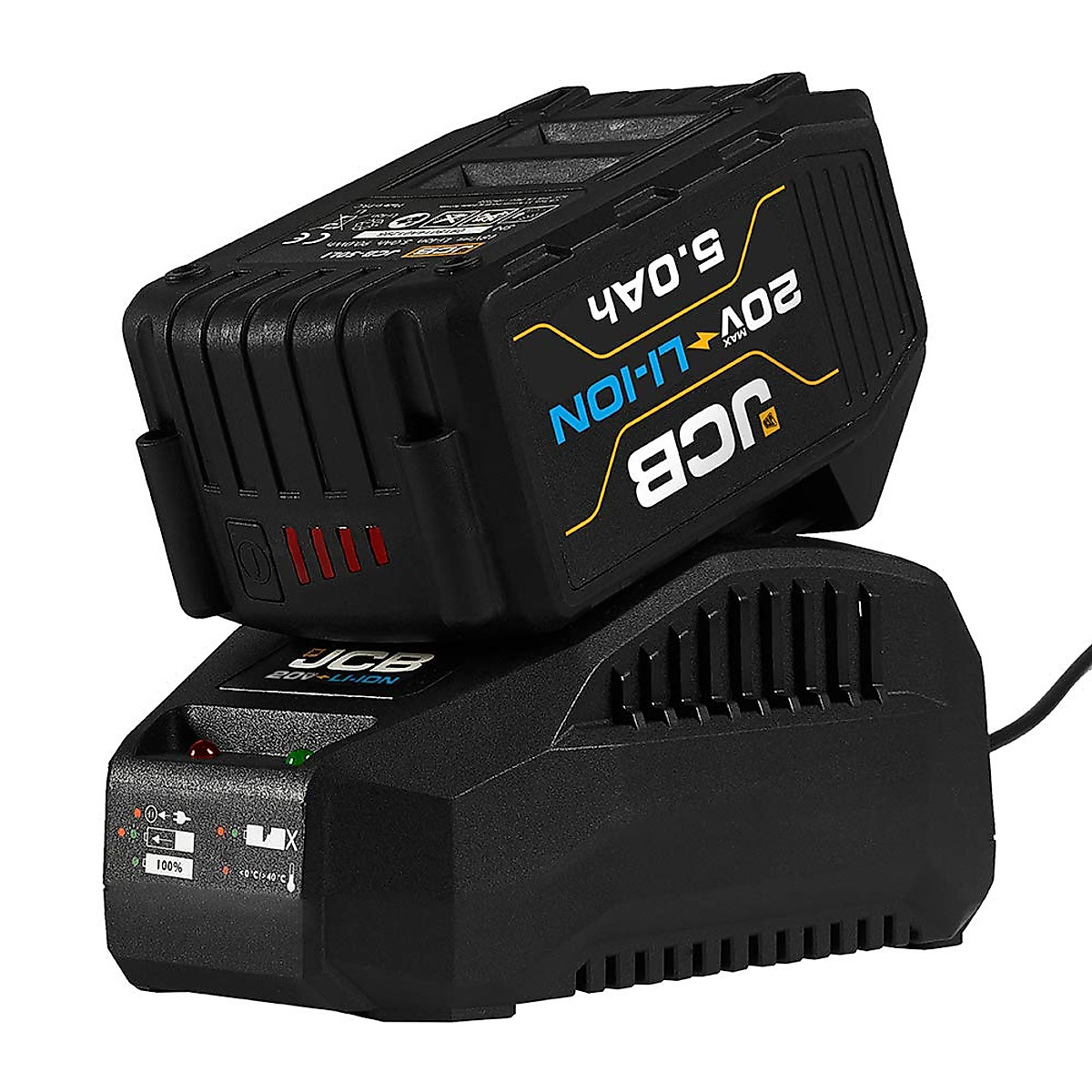 JCB Tools - JCB 20V Lithium-Ion 5.0Ah Battery With Charge Remaining Indicator And 2.4A Fast Charger - For JCB 20V Power Tools, Drills, Saws, Jigsaw, Angle Grinder, Miter Saw, LED Work Light, Recip Saw