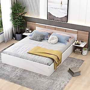 TURRIDU Queen Bed Frame with Storage, Bed Frame Queen Size with 2 Side Shelves, Outlets and USB Ports, Queen Size Platform Bed Frame with Wood Slats Support for Bedroom, Guest Room,White