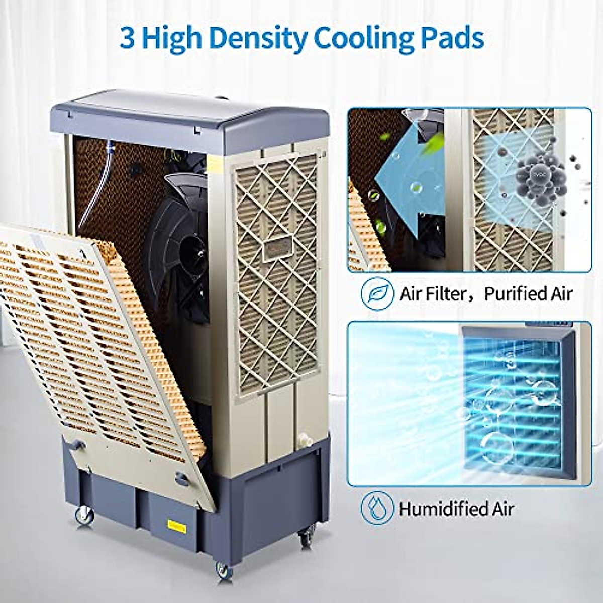 Uthfy 51" Evaporative Air Cooler with 3 Speeds, 8979 CFM Swamp Cooler with 110° Oscillation, Air Conditioner with 36 Gallon Tank, Evaporative Cooler with 5 Ice Packs, Beige (HY-60AI)