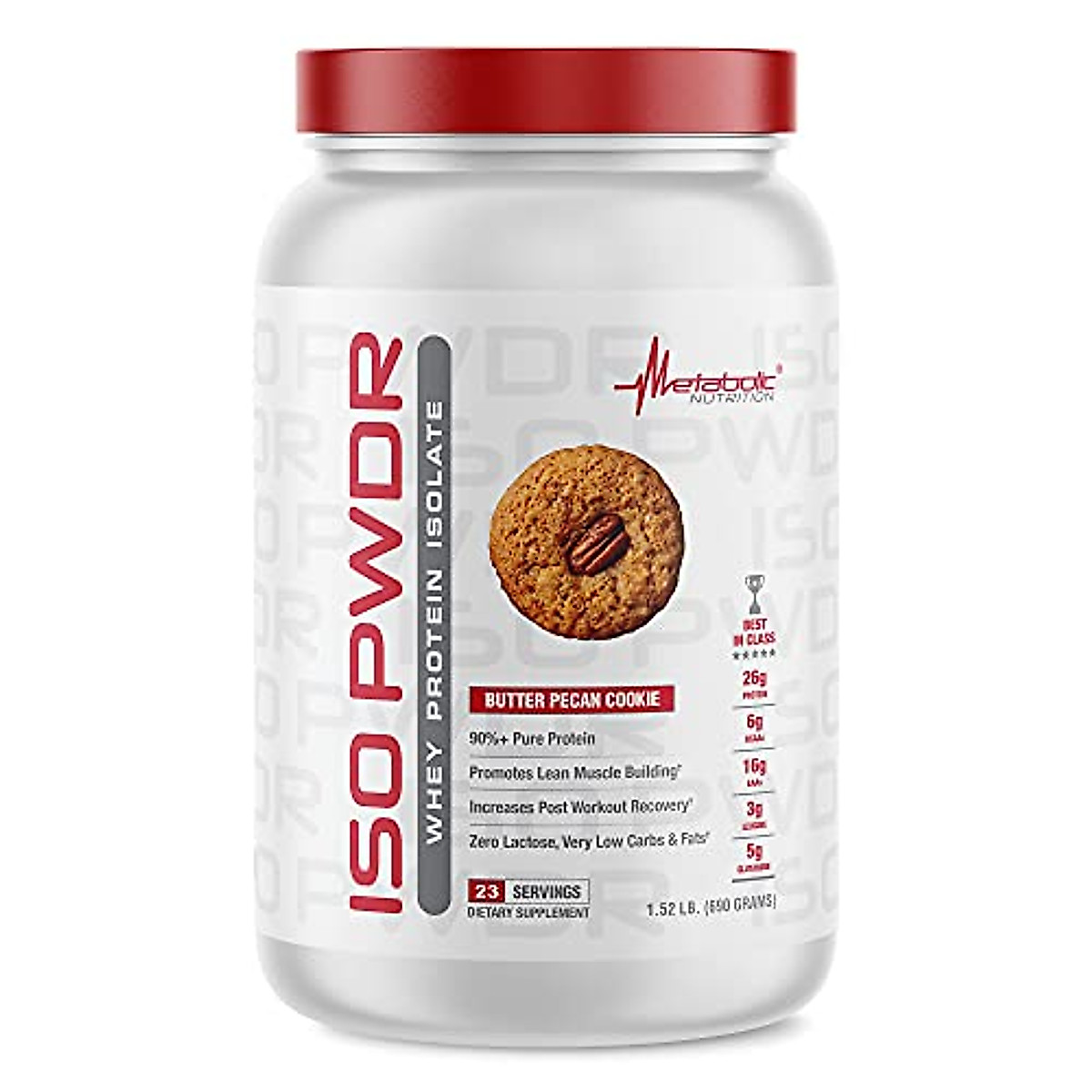 Metabolic Nutrition Whey Protein Isolate ISO PWDR Butter Pecan Cookie, 1.54lb, 23 Servings, 26g Protein, Fast Digesting, Zero Carbs, Delicious Flavor, Very Low Carbs & Fat, Zero Lactose