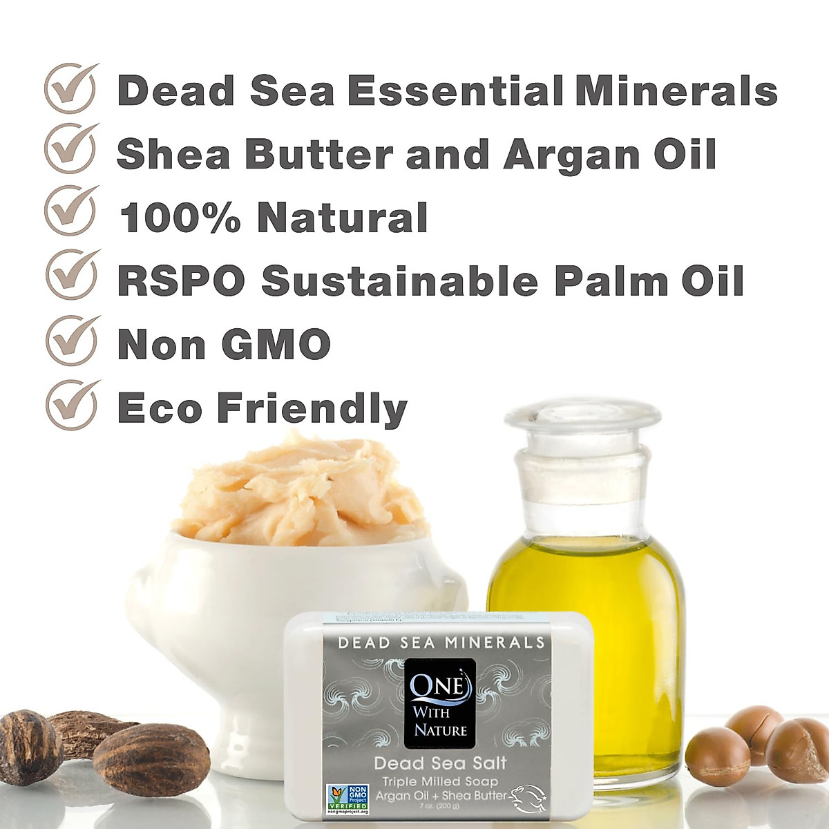 One With Nature Dead Sea Mineral Salt Soap 7oz 3Pk, with Argan Oil & Shea Butter. Dead Sea Salt Contains Magnesium, Sulfur & 21 Essential Minerals. Helps skin conditions, 100% Natural, Fragrance Free
