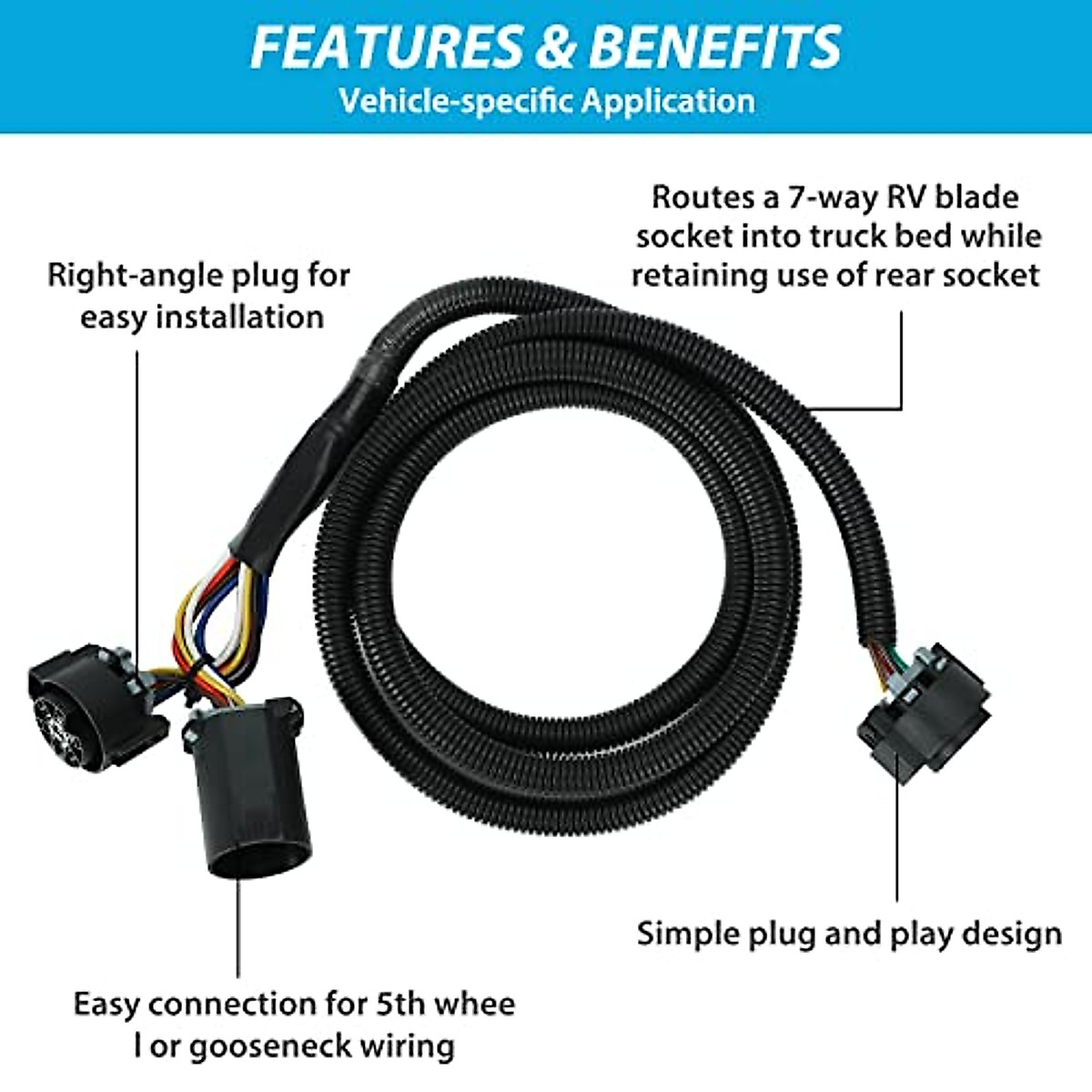 7-Foot 7-Pin Trailer Wiring Harness Extension with Connector, 5Th Wheel 7 Pin Connector, 7-Foot Vehicle-Side Truck Bed 56070 Compactible with Chevy, Dodge, Ford, GMC, Nissan, Ram, Toyota Balck