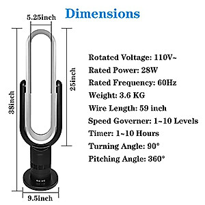 HealSmart Sufficient Size Bladeless Fan, Standing Fan, Tower Fan, 10 Speeds Settings, 10-Hour Timing Closure Bladeless Fan, Stylish And Modern Fan, Low Noise, 39 Inches, Black