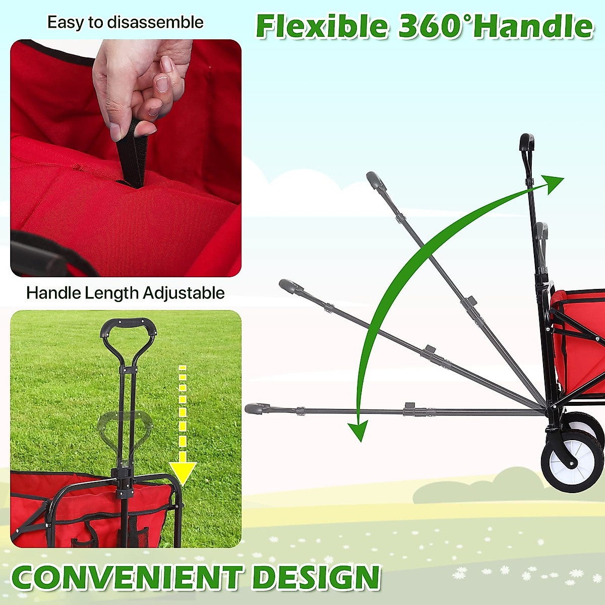 HKLGorg Folding Wagon with Wheels - Heavy Duty Beach & Outdoor Grocery Wagon, Portable & Collapsible Utility Wagon with Handle for Camping, Red