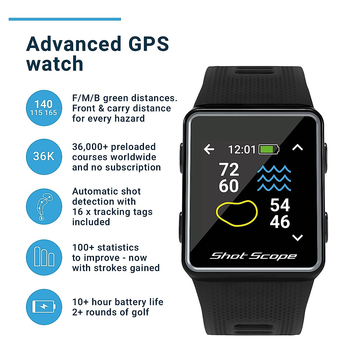 Shot Scope V3 GPS Golf Watch - Automatic Shot Tracking - F/M/B + Hazard Distances - Strokes Gained - iOS and Android Apps - 100+ Statistics, 36,000+ Pre-Loaded Worldwide Courses - No Subscriptions