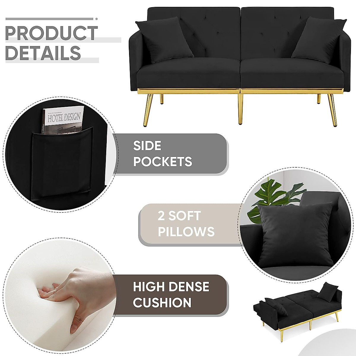 Antetek Convertible Futon Sofa Bed, 59-inch Modern Velvet Sleeper Sofa Small Loveseat with Two Pillows, 3 Adjustable Positions and 6 Golden Metal Legs Furniture for Living Room and Bedroom, Black