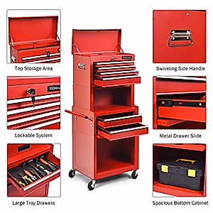 Goplus 6-Drawer Rolling Tool Chest, 3-in-1 Tool Box Organizer w/ Auto Locking System & Lockable Wheels & Sliding Drawers & Detachable Top, Tool Storage Cabinet for Garage Workshop, Red