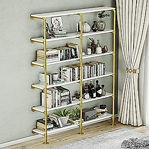 MAIKAILUN 6-Tier 60 inch Industrial Pipe Shelving, Gold Bookshelf, White and Gold Shelves, Modern Bookcase Metal Mid Century Open Wall Mount Decor Retail Shelving for Living Room(59.1x9.8x84.6)