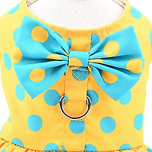 SMALLLEE_LUCKY_STORE Dog Harness Dress with Leash Set,Puppy Bow Princess Dress for Small Medium Dog Cat Girls Puppy Dress with D-Ring Female Dog Clothes Summer Pet Apparel,Yellow Retro Polka Dots,S
