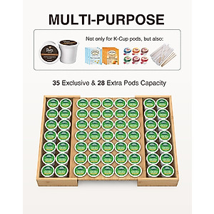 WELL WENG Larger Expandable Bamboo Coffee Pod Holder for Counter Drawer - Compatible with K-Cup Pods - Tea Bags Storage (Natural)