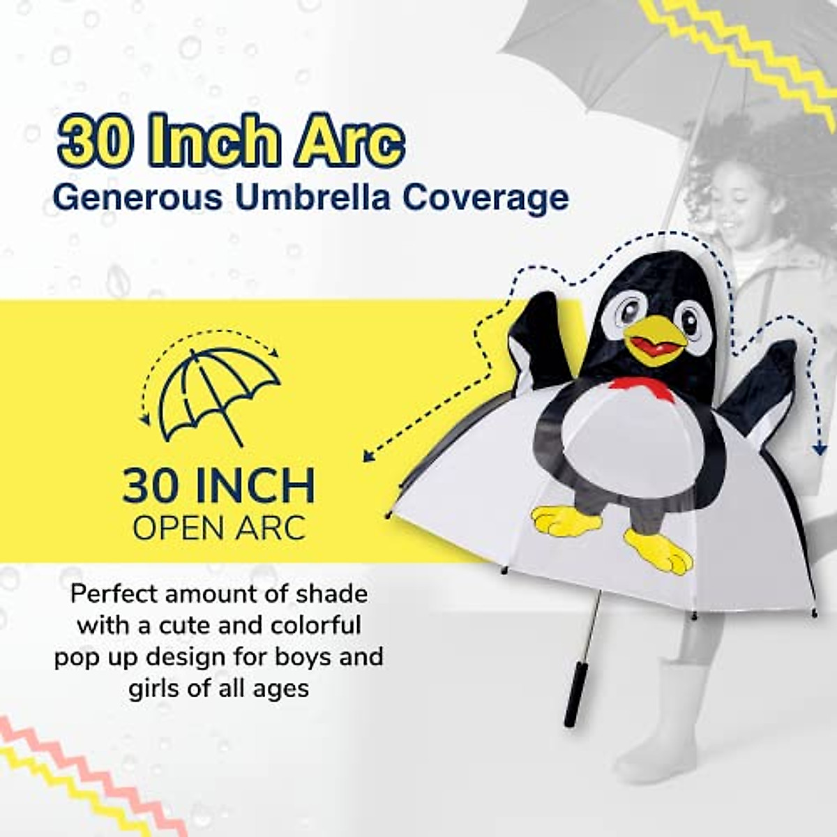 The Weather Station Children's Rain Umbrella, Manual Metal Folding Pop Up Mini Umbrella, Windproof, Lightweight, and Packable for Travel, Full 32 Inch Arc, Penguin