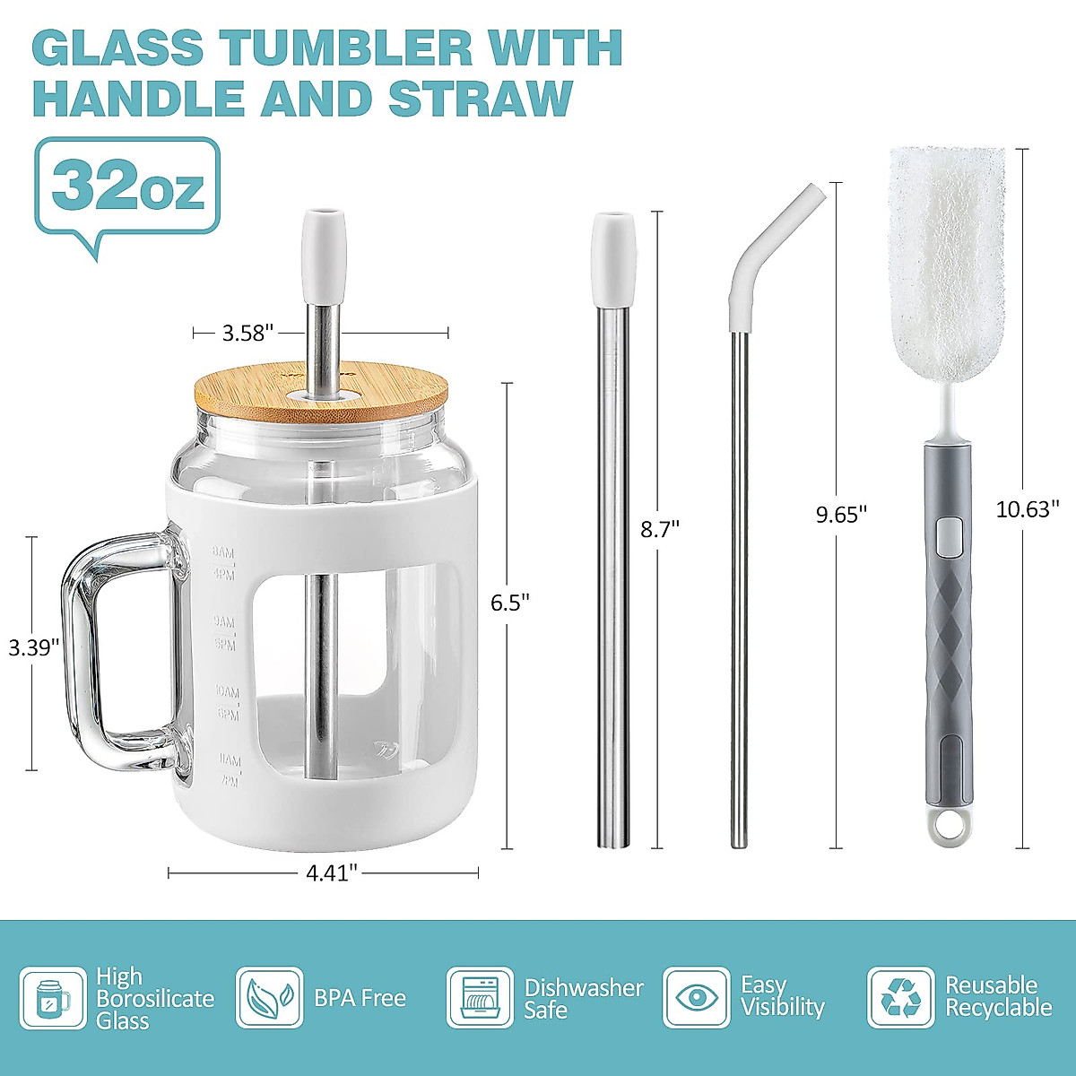 VOKOVO 32oz Glass Tumbler with Bamboo Lid and Straw, Glass Water Bottles with Time Marker, Iced Coffee Cup with Handle, Two Straw - Boba Straw & Drinking Straw Silicone Protective Sleeve-White