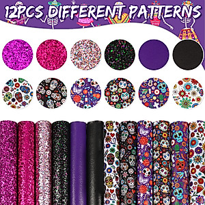 AnyDesign 12Pcs Day of The Dead Halloween Faux Leather Sheets Sugar Skull Skeleton Floral Printed Leather Fabric Sheets Glitter Synthetic Leather for Halloween DIY Craft Earring Hair Bow, 8 x 12"