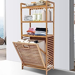 Bamboo Laundry Hamper with Rack,Laundry Basket with 3 Shelves,Laundry Hamper Cabinet Organizer,Wooden Laundry Sorter,Bathroom Storage Shelf Cabinet with Tilt Out Basket Clothes Bag for Laundry Room