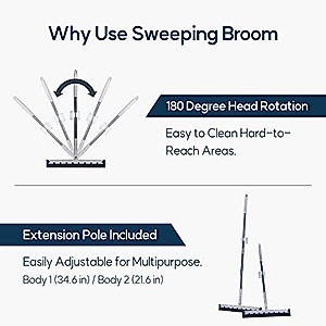 UpgradeWith Sweeping Broom 3 Detachable Rods | Multifunctional Silicone Broom - Floor & Carpet Sweeper, Dog & Pet Hair Remover| Extendable, Hangable, Washable (2 Steps Extension)