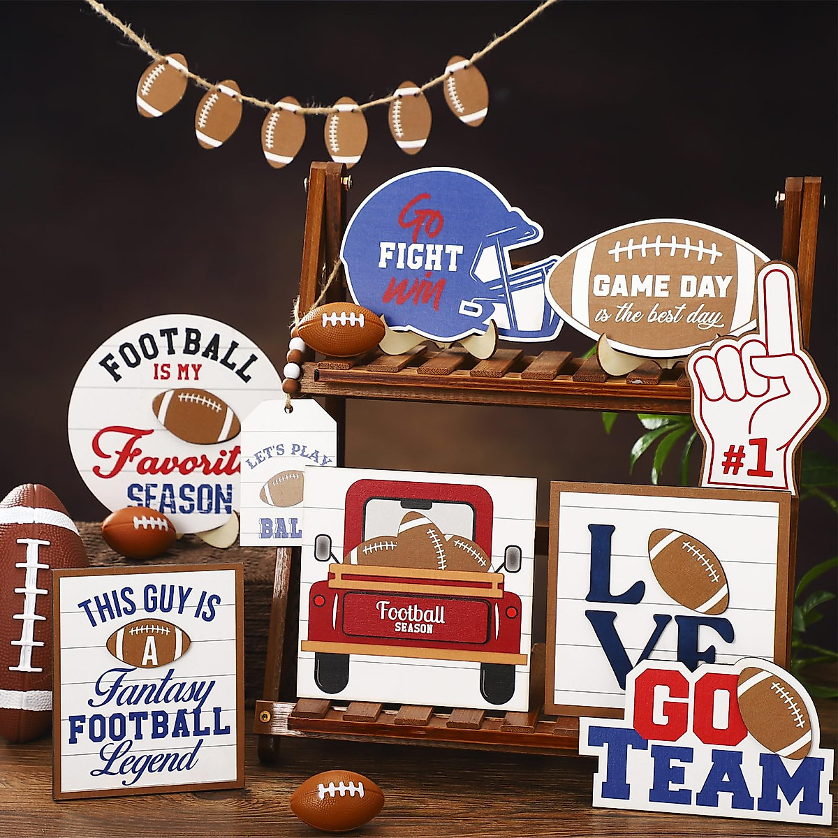 Dandat 15 Pcs Fall Football Decor Football Tiered Tray Decor Fall Tiered Tray Decorations Set Table Decorations Centerpieces for Home Fans Club Party Supplies(Football Game)