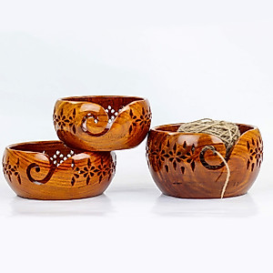 Nagina International Rosewood Crafted Wooden Yarn Storage Bowl With Carved Holes & Drills | Knitting Crochet Accessories (Set)