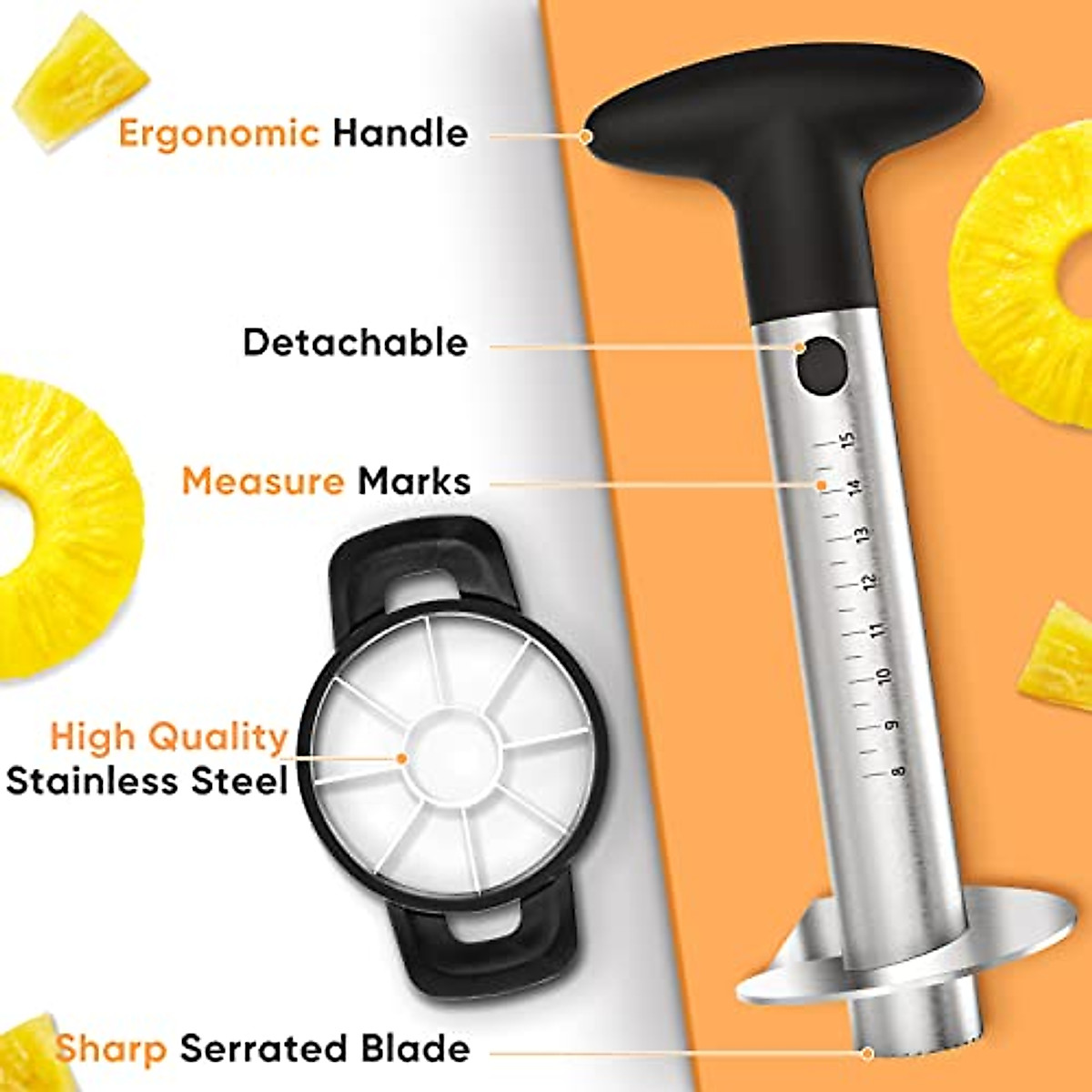 OOKUU Pineapple Corer Cutter, Stainless Steel Fruit Pineapple Peeler Slicer [Upgraded, Reinforced, Thicker Blade], Pineapple Core Remover with Measure Mark, Kitchen Tool for Diced Pineapple Rings