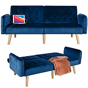 TYBOATLE 65"W Velvet Modern Convertible Folding Futon Couch Sofa Bed w/ 2 USB Charging Ports and Arms, Loveseat for Compact Living Space, Dorm, Game Studio, Bonus Room, Apartment, Bedroom (Navy Blue)