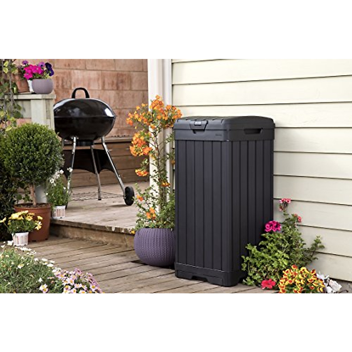Keter Baltimore 38 Gallon Trash Can with Lid and Drip Tray for Easy Cleaning-Perfect for Patios, Kitchens, and Outdoor Entertaining, 38 Gallons, Black