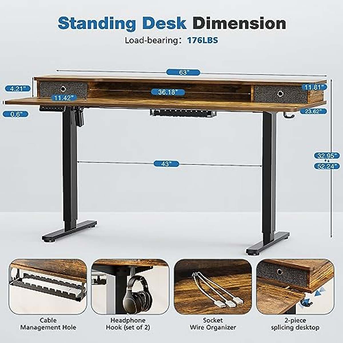 DUMOS Adjustable Height Electric Sti to Standing Desk with Drawer,63 x 24 in Ergonomic Computer Table with Splicing Board, Wire Hole and Hook for Workstation for Home, Office, Rustic Brown & Shelf
