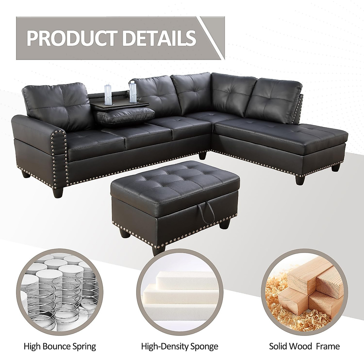 Ocstta Leather Sectional Sofa Sets,Living Room Furniture Sets and Leather Couch Set,L Shaped Couches with Sofa Back Panel Cup Holders and Storage Footstool(Sectional Couch Set+Ottoman) Black