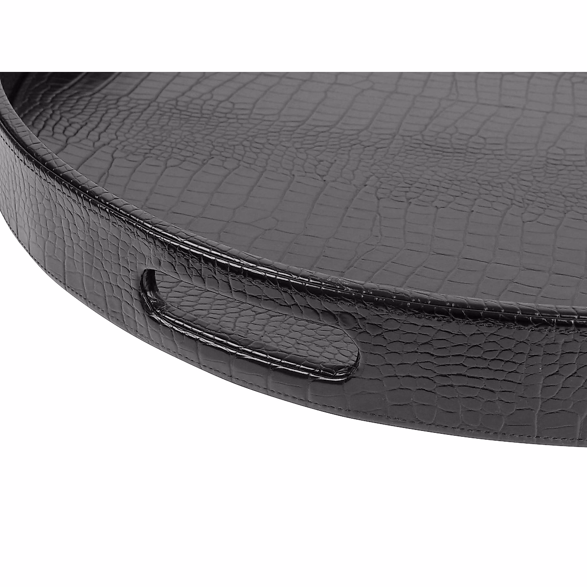 HofferRuffer Extra Large Round Serving Tray, Elegant Faux Leather Circle Ottoman Table Tray with Handles, Serve Tea, Coffee or Breakfast in Bed, Diameter 23.6 x 2.4 inches Height (Black)