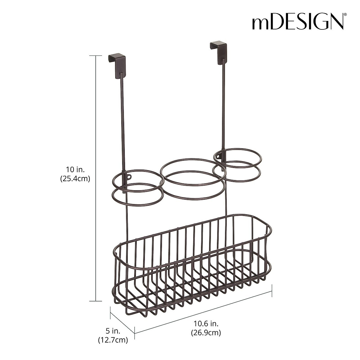 mDesign Steel Over Cabinet Door Hair Care, Hot Styling Tool Organizer Storage Basket for Hair Dryer, Flat Irons, Curling Wands, Straighteners, Space Saving, 3 Sections, Concerto Collection, Bronze