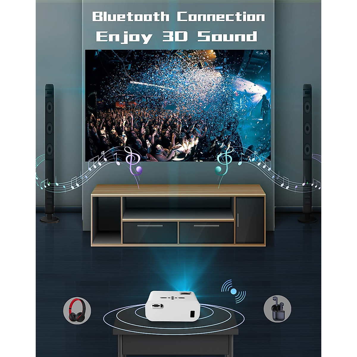 NIKISHAP Portable Projector with WiFi and Bluetooth - Enjoy 4K Outdoor Movies, Home Entertainment, and Smart Phone Streaming with HDMI, VGA, TV Stick, USB, SD Card Support