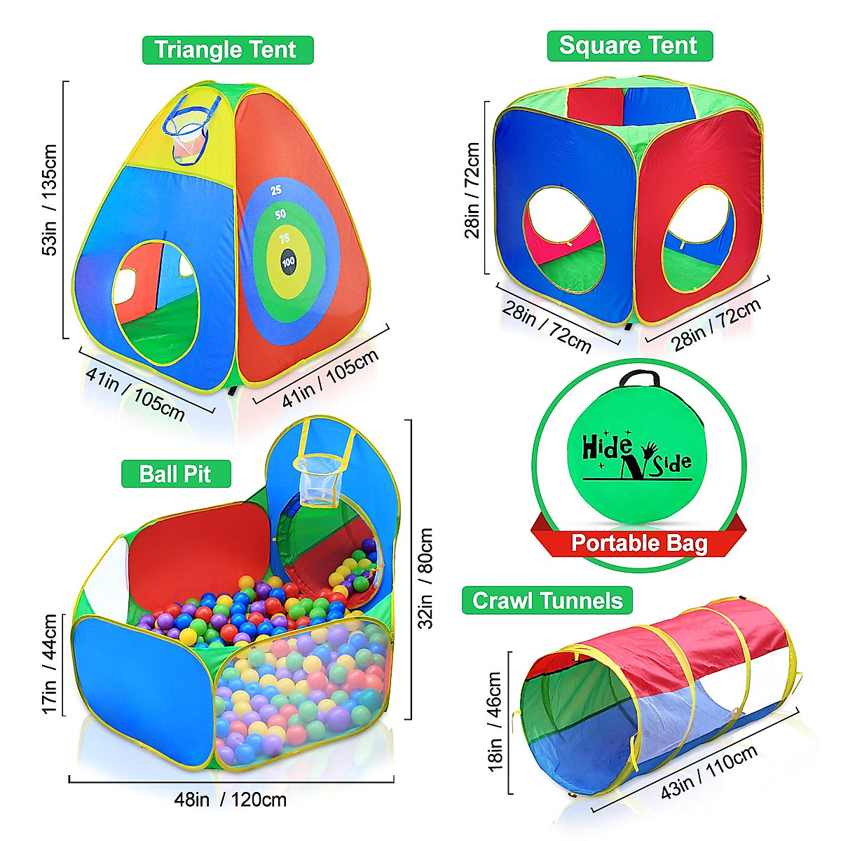 Hide N Side 5pc Kids Ball Pit Tents and Tunnels, Toddler Jungle Gym Play Tent with Play Crawl Tunnel Toy, for Boys Babies Infants Children, Indoor Outdoor Gift, Target Game w/ 4 Dart Balls