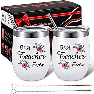 Patelai 2 Pcs Teacher Appreciation Gifts Best Teacher Ever Wine Tumbler Appreciation Gift for Women Thank You Gift Graduation Birthday Present 12 oz Stainless Steel Tumbler with Lid and Straw (White)