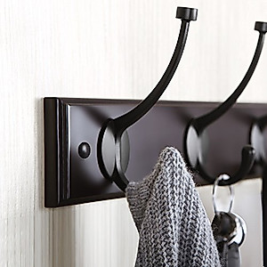 SONGMICS Wooden Wall Mounted Coat Rack 16 Inch Rail with 4 Metal Hooks for Entryway Bathroom Closet Room Dark Brown