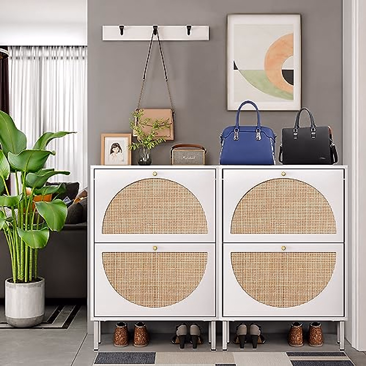 Goderfuu Rattan Shoe Cabinet with 2 Flip Drawers, Shoe Rack for Entryway Shoe Storage Cabinet, 2 Tier Small Shoe Cabinet Slim Shoe Storage Cabinet, White Shoe Cabinet for Heels, Boots, Slippers