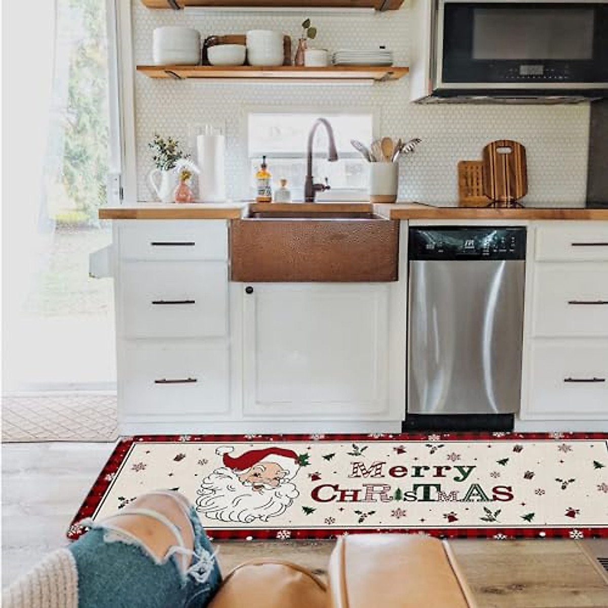 Prime Leader Merry Christmas Kitchen Mat Set 2 Pieces Cute Santa Claus Decor Red Black Buffalo Plaid Non Slip Kitchen Rugs Washable Runner Rug Mats for Kitchen Sink, 15.7" x 23.6"+15.7" x 47.2"