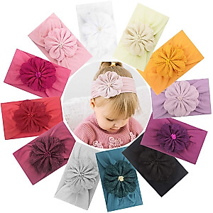 CellElection 12PCS Baby Flower Headbands Handmade Flower Hair Bow Knotted Soft Nylon Hairbands Turban Head Wrap Hair Accessories for Baby Girls Newborns Toddlers Infants