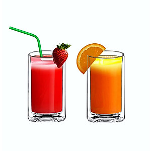 Sun's Tea 13oz Ultra Clear Strong Double Wall Thermal Insulated Highball Drinking Glasses for Beer, Coffee, Juice, Smoothie, Mojito, Soda, Milk and Mixed Beverages, Set of 2 (real glass, not-plastic)