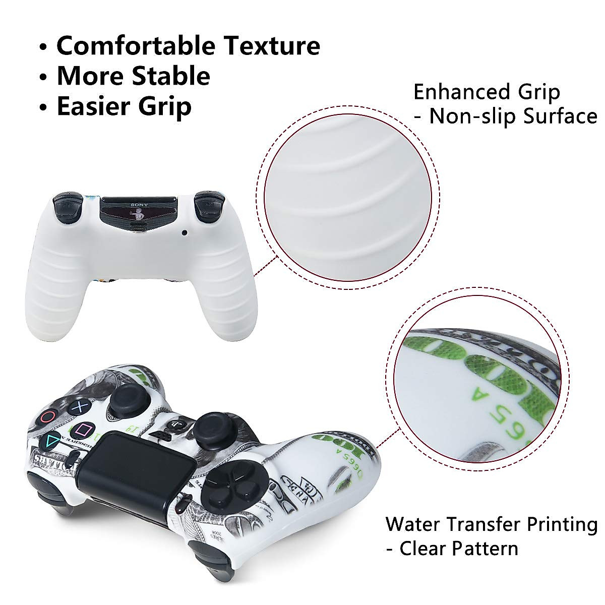 Skins for PS4 Controller - Water Transfer Printing Silicone Protector PS4 Skin - Silicone Cover Skin Case for Dualshock 4 controller with 8 Thumb Grips - PS4 Controller Covers for Sony PS4, Slim, Pro