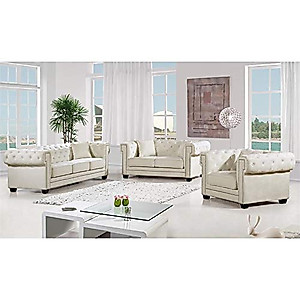 Meridian Furniture Bowery Collection Modern | Contemporary Button Tufted, Velvet Upholstered Sofa with Square Arms, Nailhead Trim and Wood Legs, Cream, 90" W x 36.5" D x 30.5" H