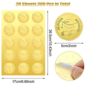 300 Pcs Gold Embossed Graduation Cap Gold Foil Class of 2024 Seals Diploma Certificate Seals Self Adhesive Seal Stickers for Graduation Envelopes