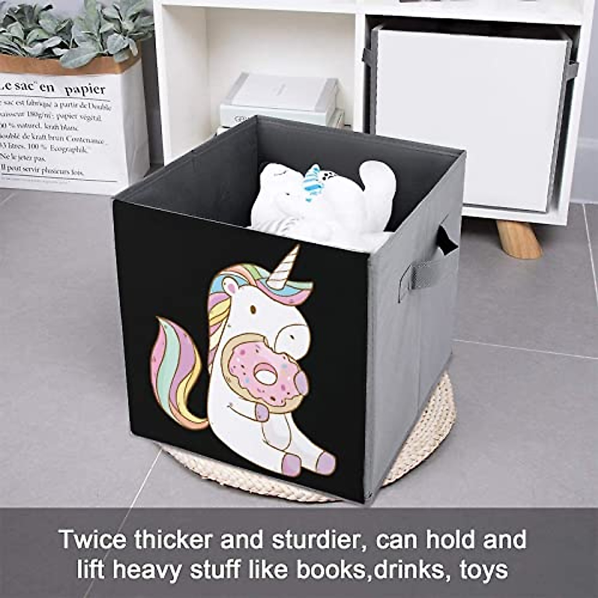 Unicorn Eating Delicious Donuts Foldable Storage Bins Printd Fabric Cube Baskets Boxes with Handles for Clothes Toys, 11x11x11
