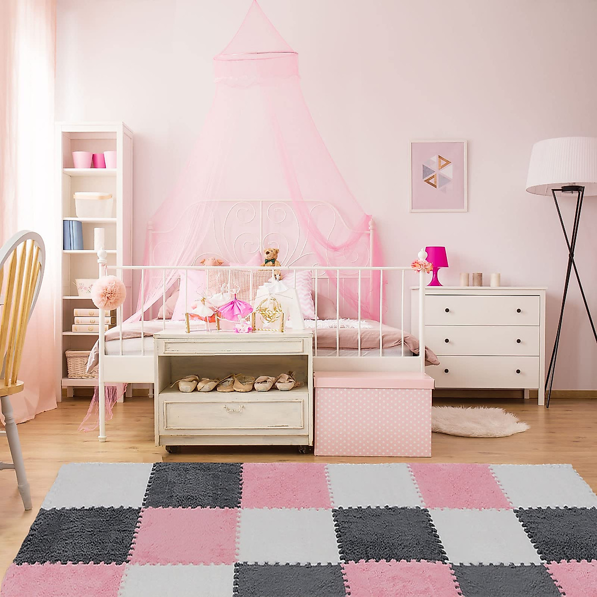 18 Pcs Plush Foam Floor Mat Square Interlocking Carpet Tiles with Border Fluffy Play Mat Floor Tiles Soft Climbing Area Rugs for Home Playroom Decor, 12 x 12 x 0.4 Inch (White, Pink, Gray)