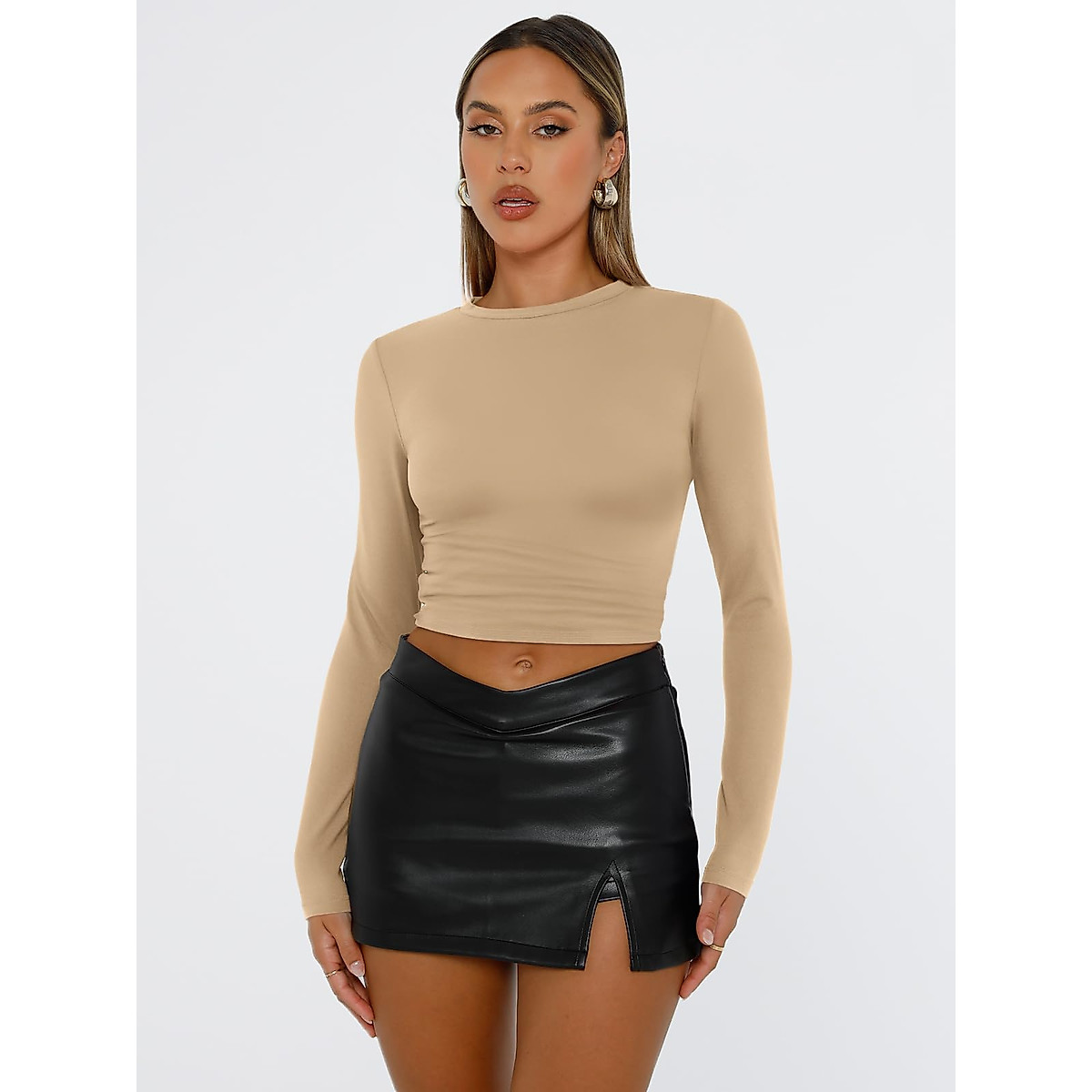 Trendy Queen Womens Long Sleeve Shirts Basic Tees Crop Tops Going Out Spring 2025 Workout Outfits Y2k Clothes Khaki L