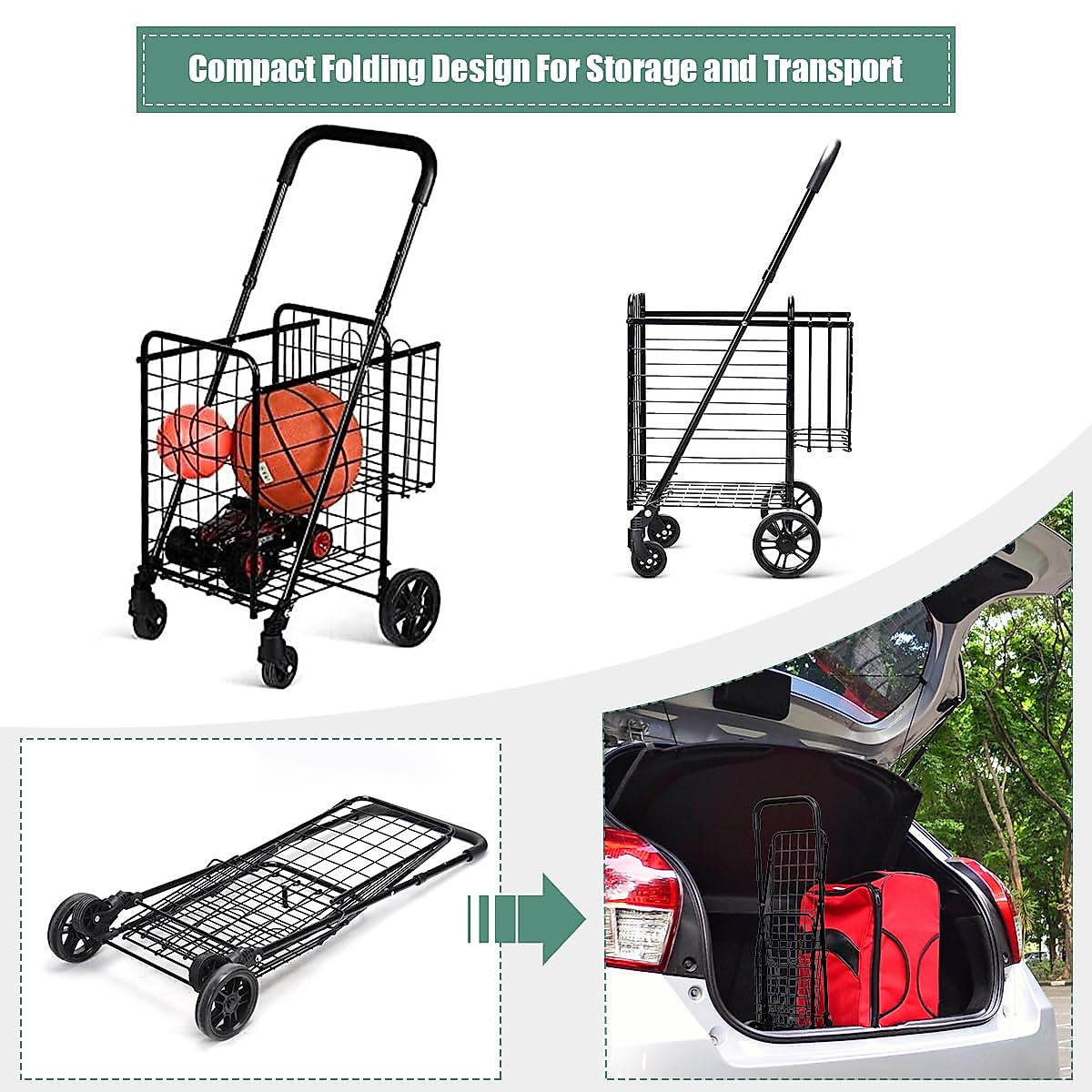 Byroce Utility Folding Shopping Cart, Light Weight Trolley with Handle, Large Grocery Utility Cart with Swiveling Wheels and Dual Storage Baskets, Ideal for Laundry Book Luggage Travel (Black)