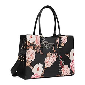 MOSISO Laptop Tote Bag Compatible with MacBook, 17-17.3 inch Notebook and Chromebook, Peony Waterproof PU Leather Travel Work Briefcase with Adjustable PU Handle, Black