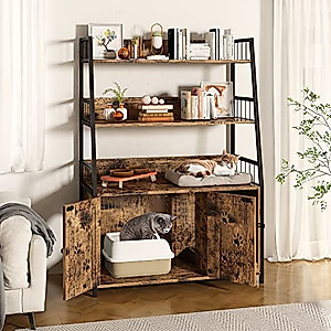 Recaceik Large Cat Litter Box Enclosure with Shelf Storage, Hidden Cat Washroom Furniture, Wooden Cat House with Scratch Pad, Sturdy Indoor Cat Cabinet with 2 Doors